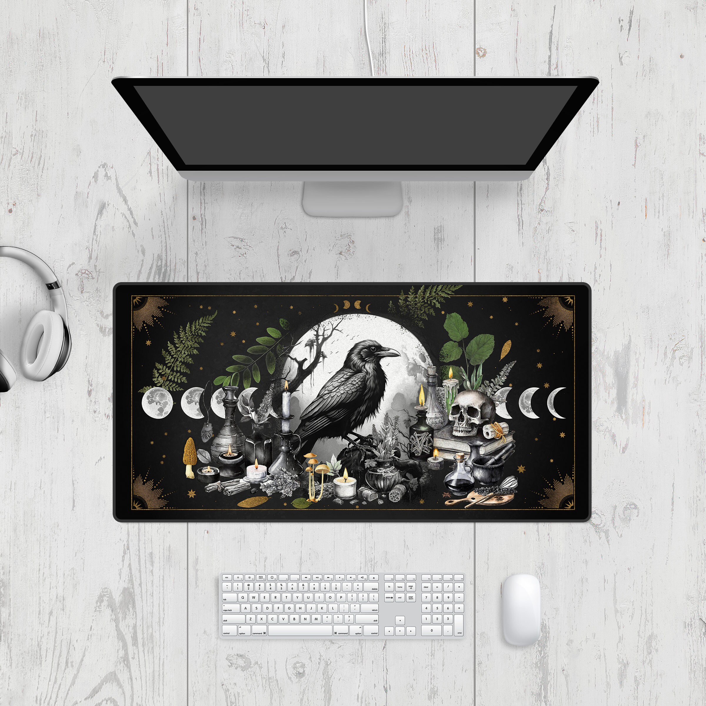 Witchy Raven Desk Mat, Cottagecore Dark Academia Black Extended Gaming ...