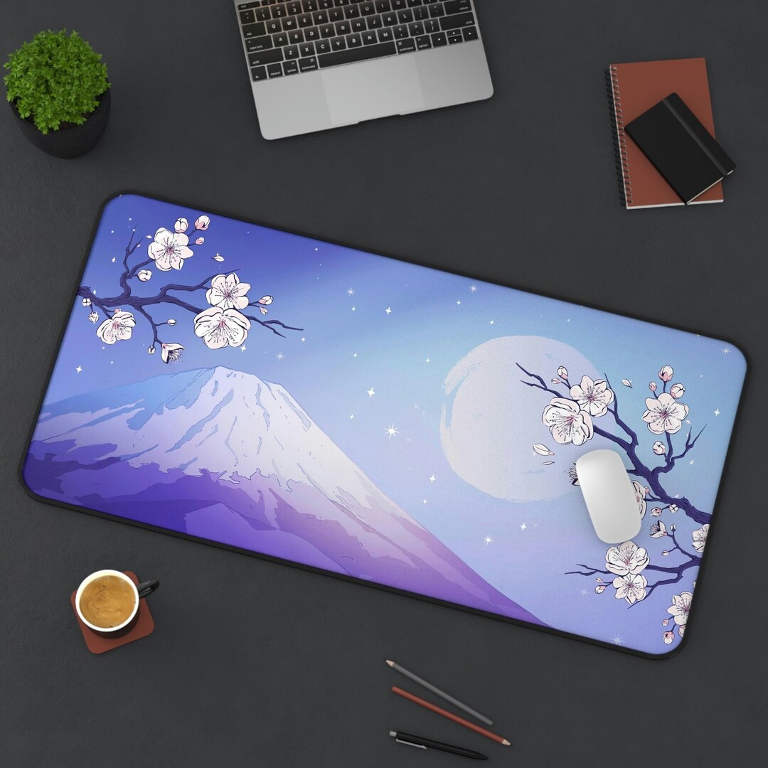 Mount Fuji Japanese Purple Desk Mat, Harajuku Sakura Cherry Blossom ...