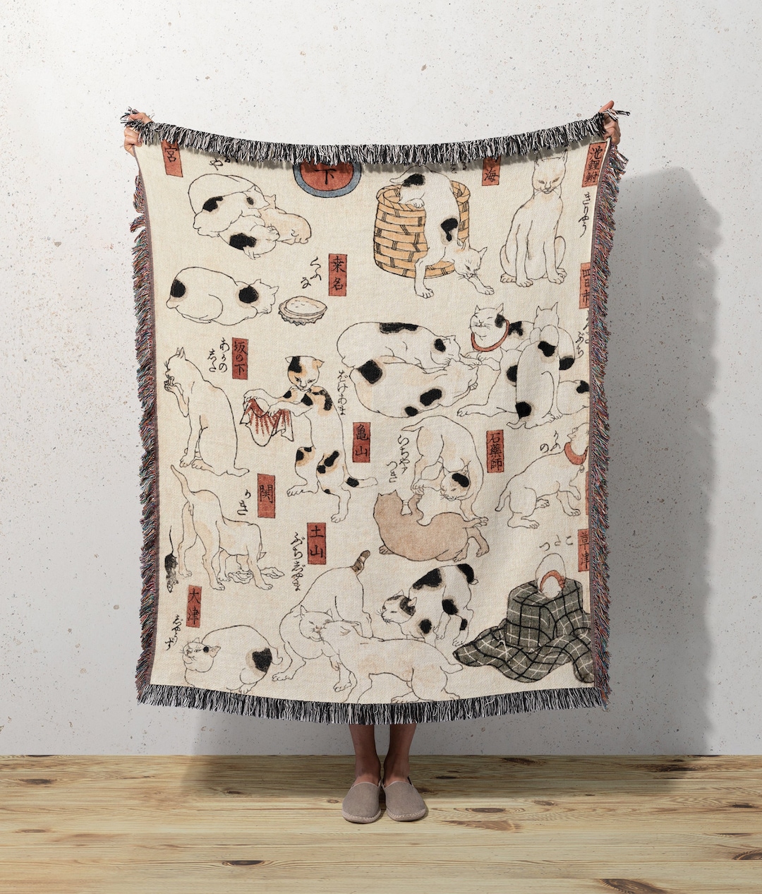 Japanese Lucky Cat Woven Throw Blanket, Japanese Decor Retro ...