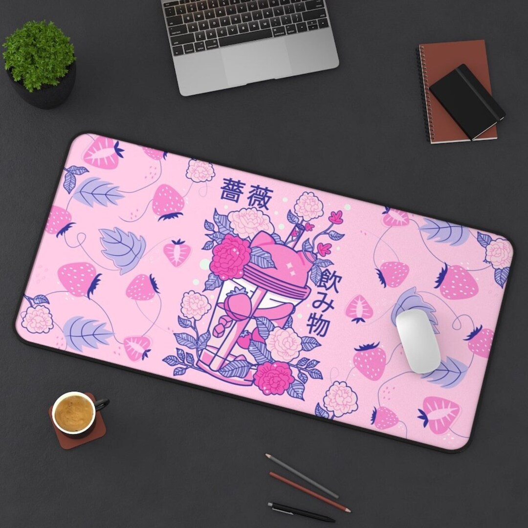 Strawberry Boba Tea Pink Desk Mat, Harajuku Pastel Goth Mouse Pad ...