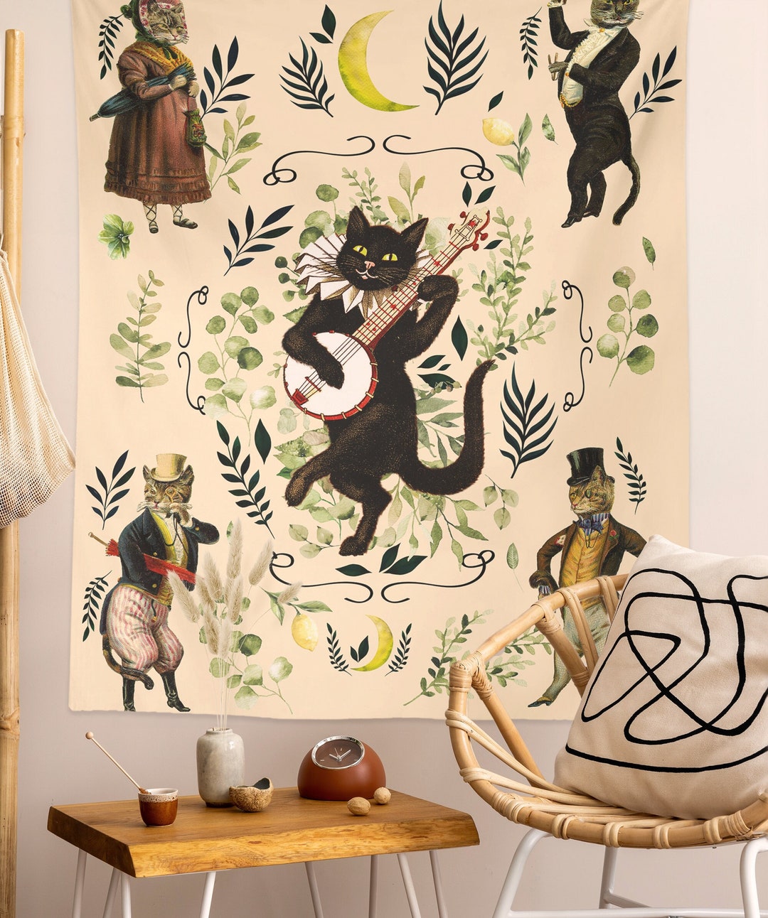 Cottagecore Banjo Cat Tapestry, Moon Floral Decor Vintage Goblincore ...