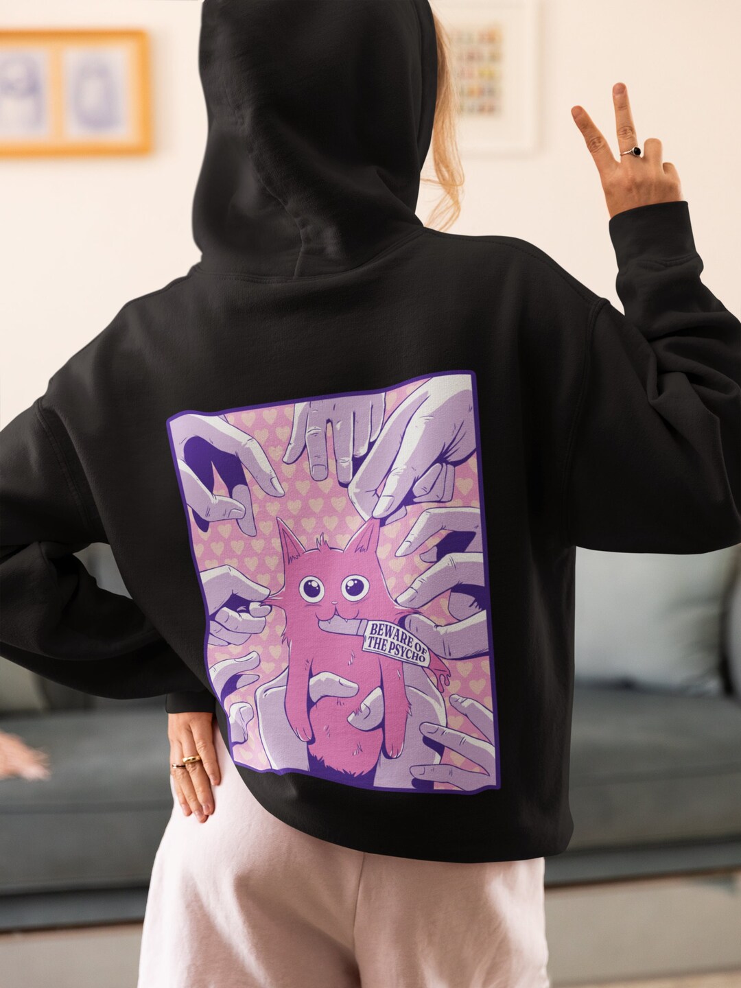 Psycho Cat Pastel Goth Hoodie, Weirdcore Kidcore Pastel Goth Harajuku ...