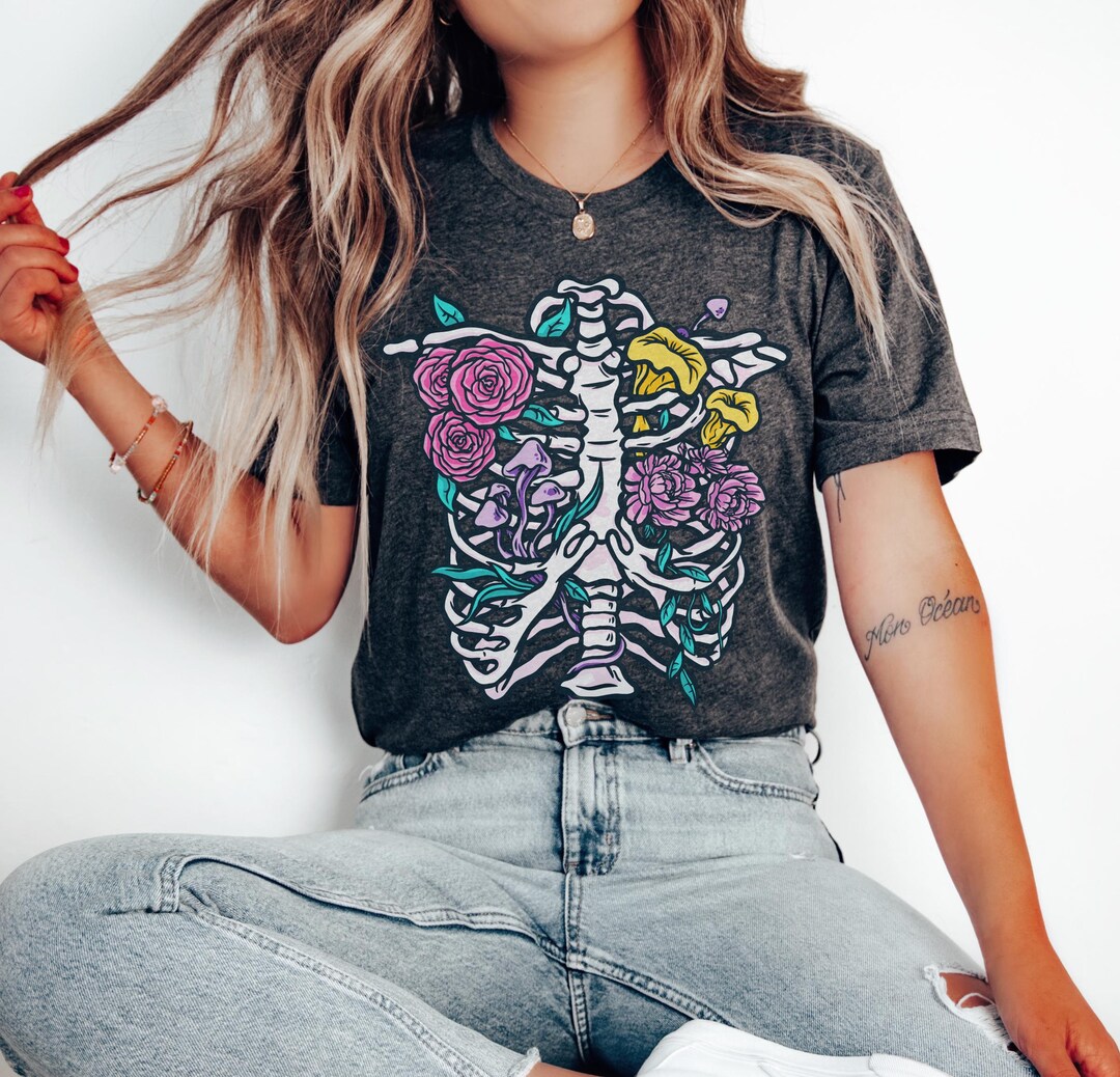 Pastel Goth Ribcage Flowers Botanical Top, Aesthetic Gothic Shirt, Soft ...