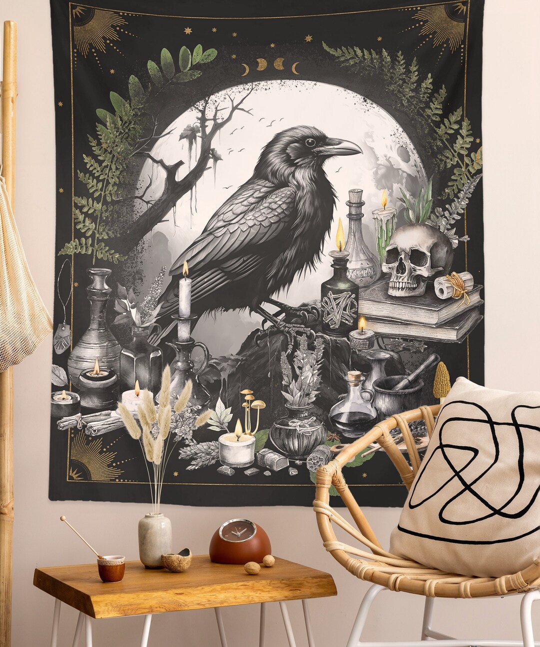 Crow Witch Tapestry, Goth Raven Painting Edgy Wall Art, Wiccan ...