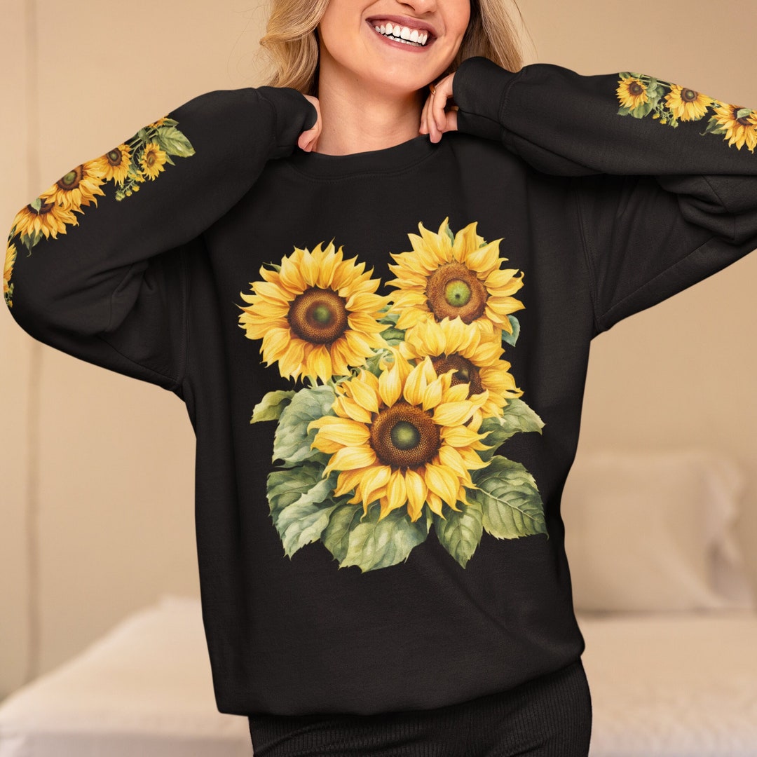 Sleeve Print Sunflower Sweatshirt, Flowers Cottagecore Retro Floral ...