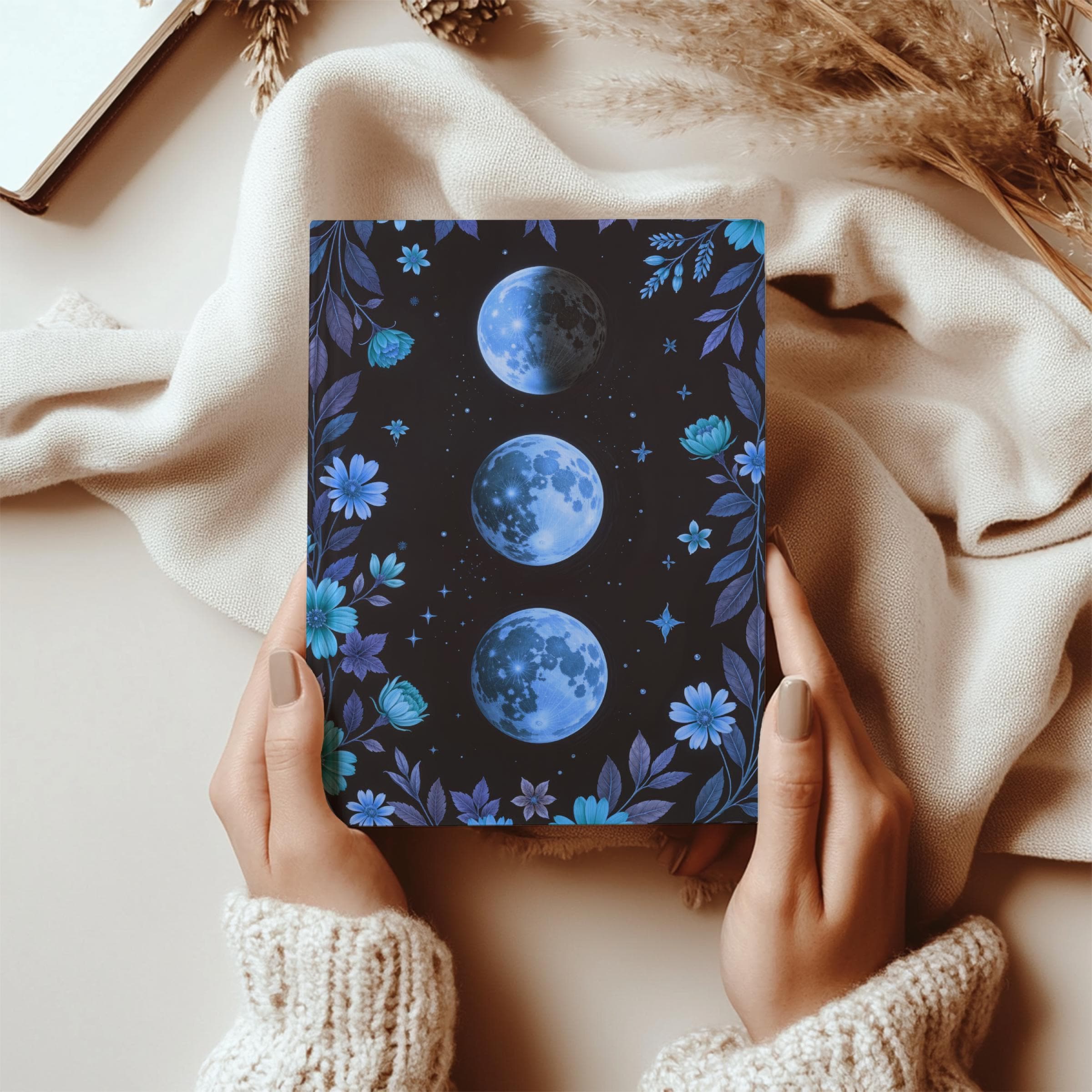 Moon Phases Book of Shadows Hardcover Journal, Blue Floral Grimoire ...