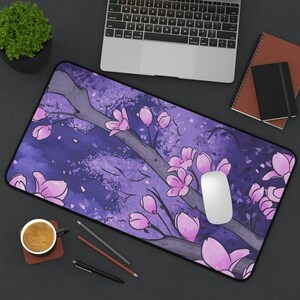 Cherry Blossom Japanese Purple Desk Mat, Harajuku Sakura Anime Mat ...