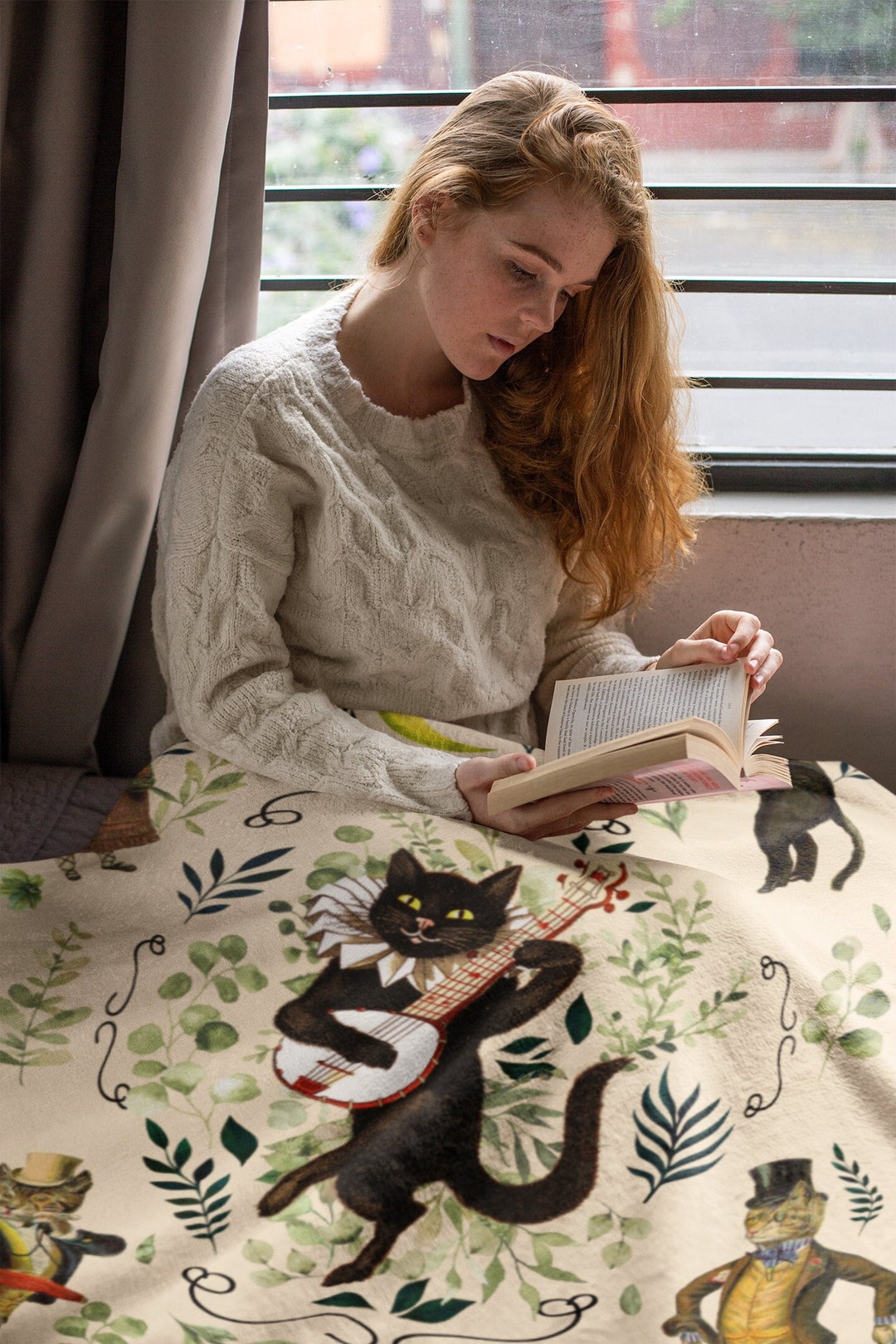 Cottagecore Banjo Cat Minky Blanket, Moon Floral Decor Retro Goblincore ...