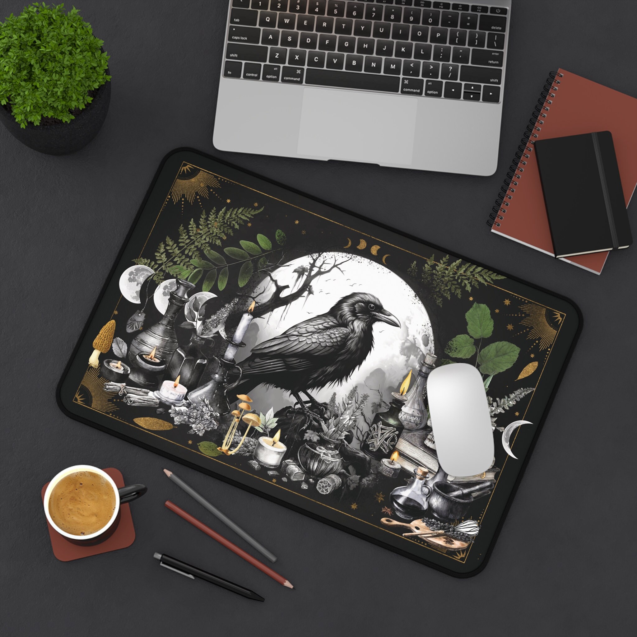 Witchy Raven Desk Mat, Cottagecore Dark Academia Black Extended Gaming ...