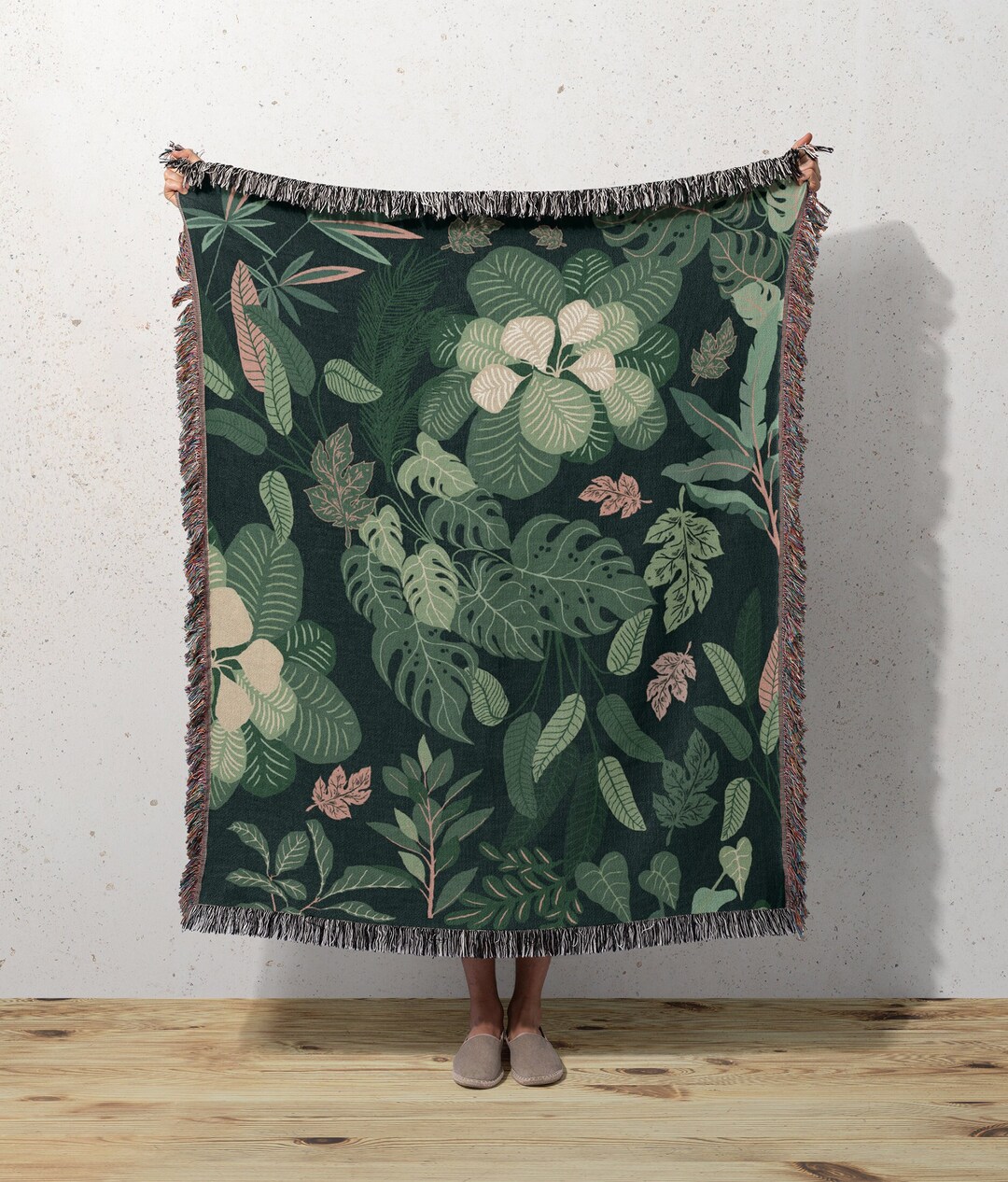 Green Botanical Woven Throw Blanket, Floral Plants Leaves Cotton Throw ...