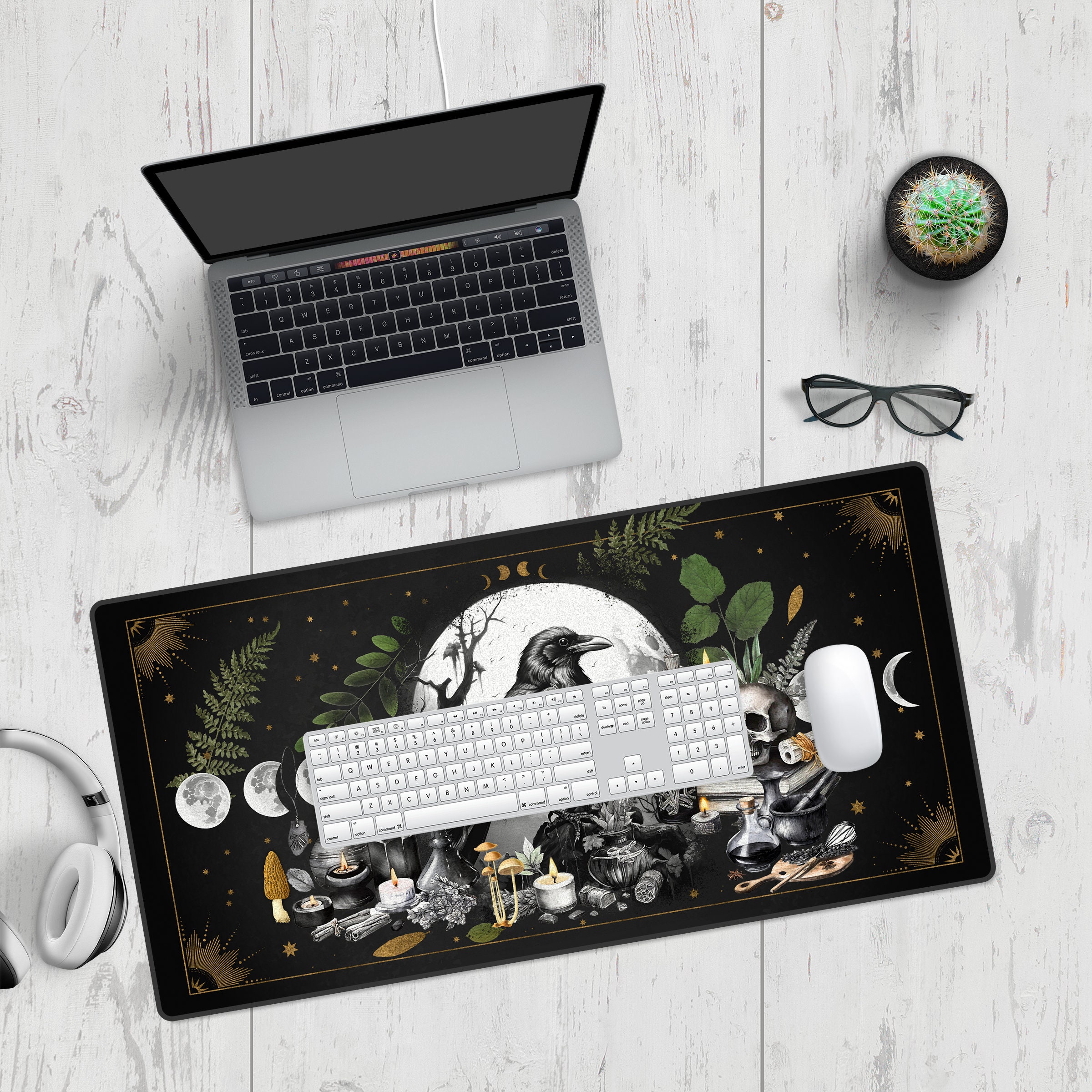 Witchy Raven Desk Mat, Cottagecore Dark Academia Black Extended Gaming ...