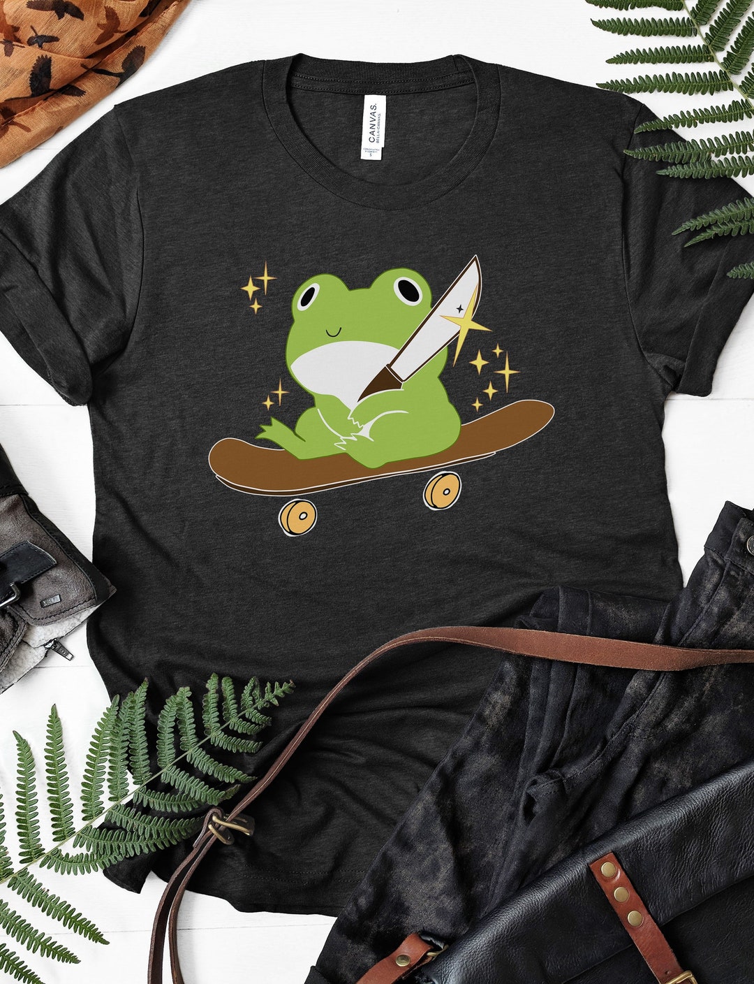 Skateboarding Frog With Knife Shirt, Stabby Frog Harajuku Shirt, Kawaii ...