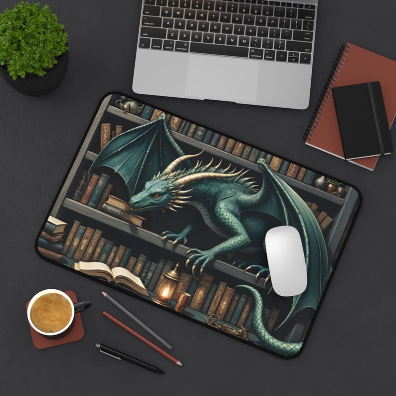 Medieval Dragon Desk Mat, Wizardry Bookish Vintage Fantasy Desk Pad ...