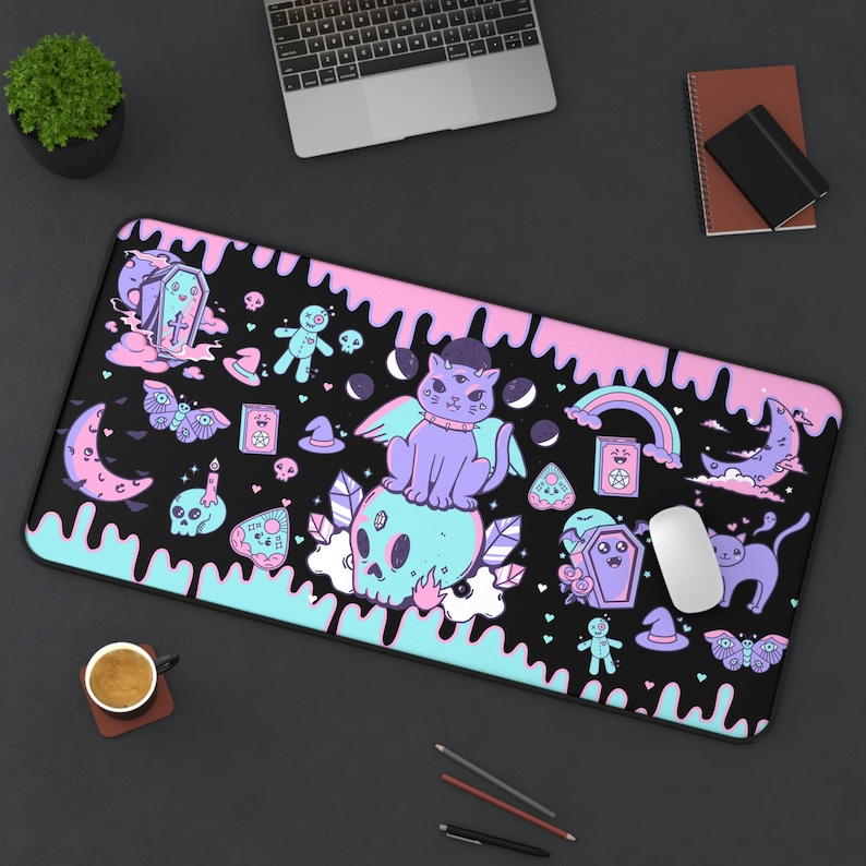 Harajuku Cat Pink Black Desk Mat, Pastel Goth Decor Witchy Mat, Kawaii ...