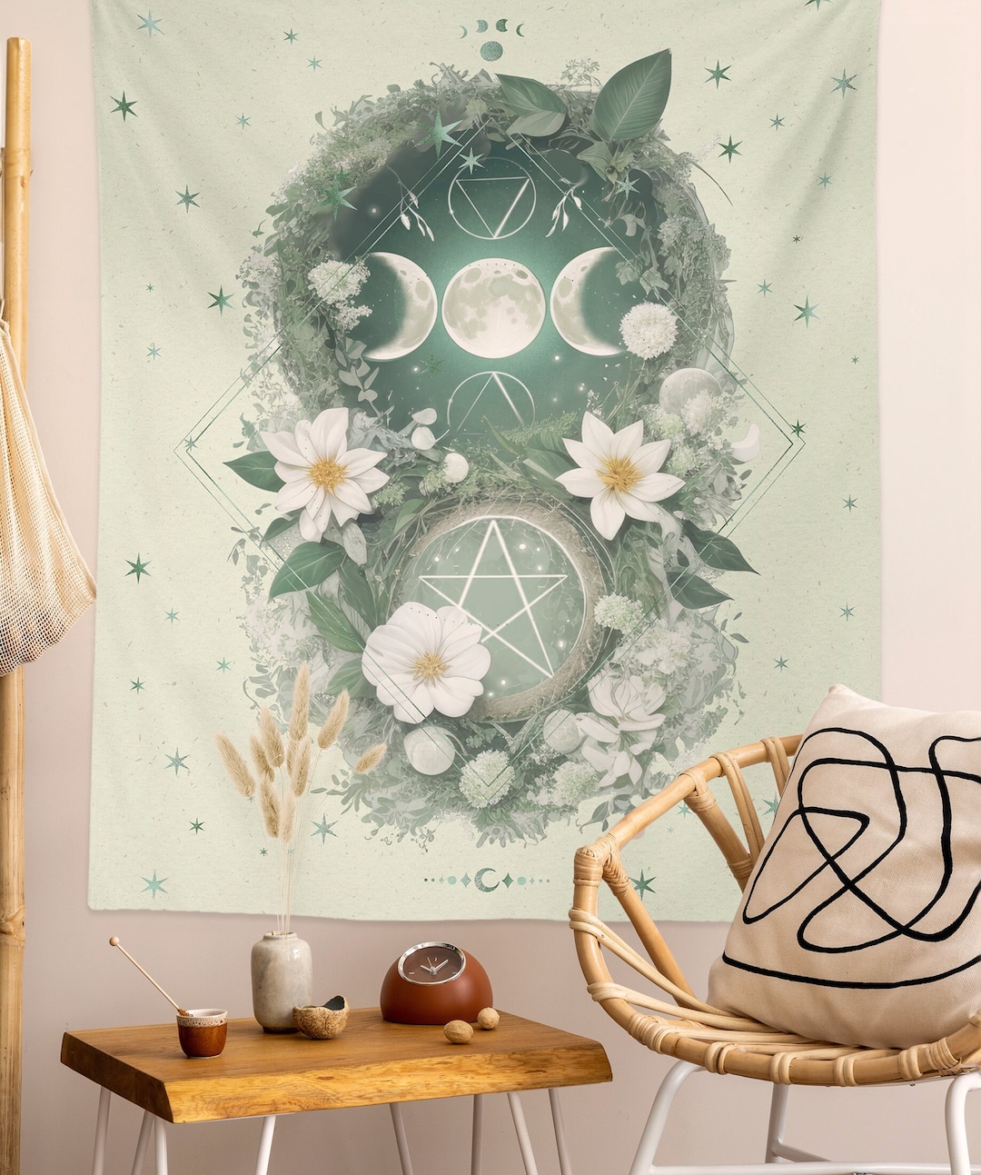 Green Moon Phases Floral Botanical Tapestry, Altar Cloth Celestial Dark ...