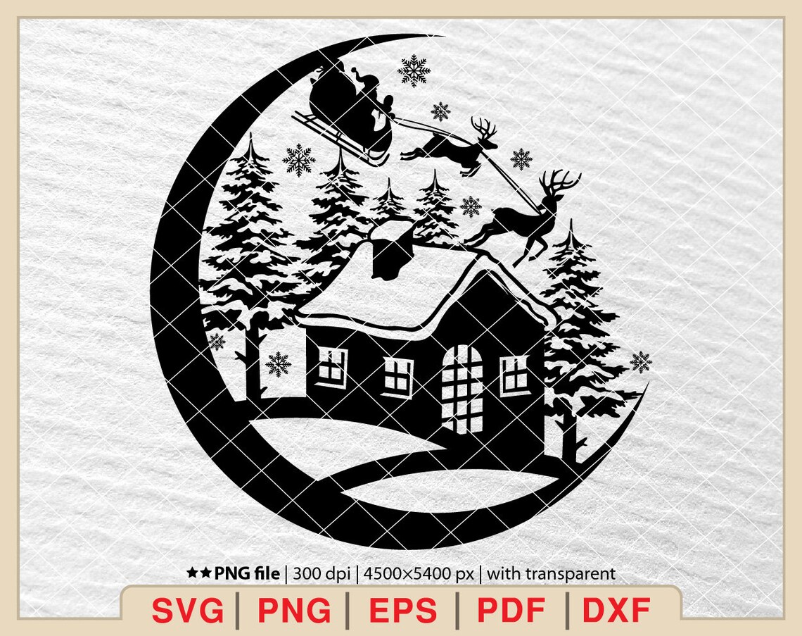 Christmas Santa Sleigh Scene SVG: Winter Trees, Snowflakes (digital ...