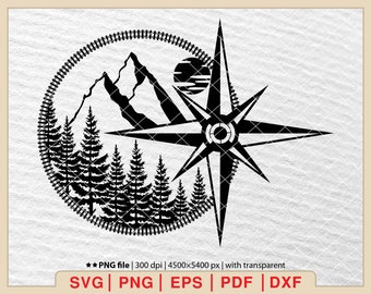Compass and Mountains Scene SVG PNG, Compass and Forest Svg, Nature Svg ...