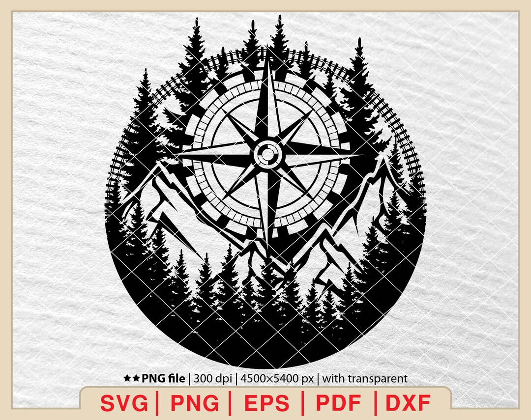 Compass and Mountains SVG, Compass and Forest Svg, Nature Svg, Compass ...