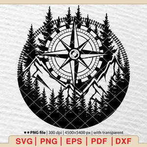 Compass and Mountains SVG, Compass and Forest Svg, Nature Svg, Compass ...