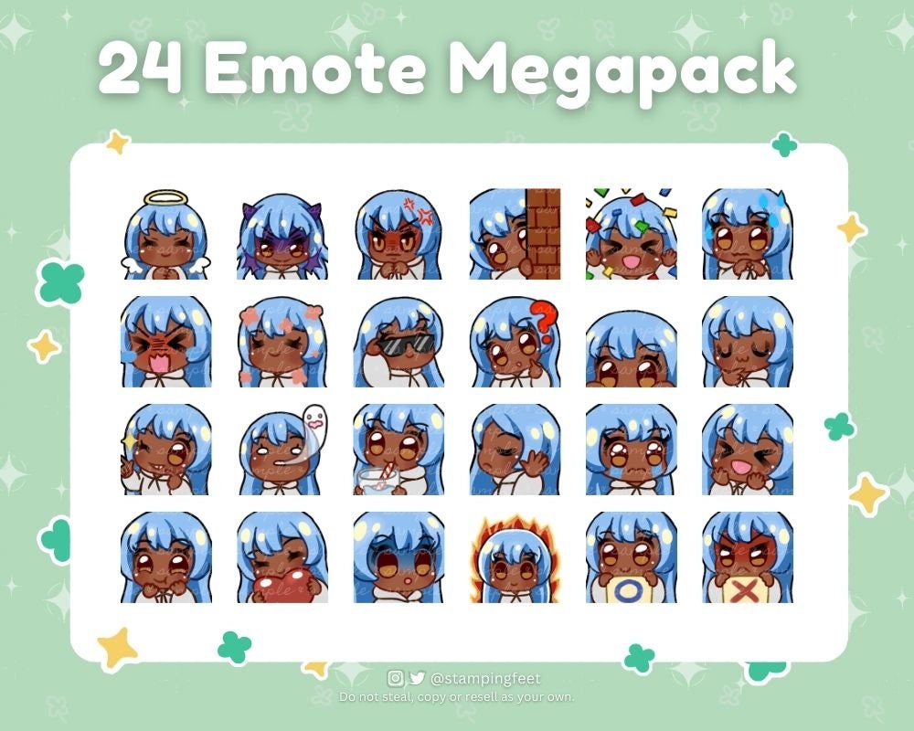Blue Hair Brown Eye Mocha Skin Kawaii Cute Emote Megapack - Etsy