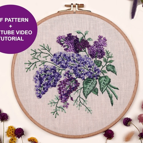 Lilac Embroidery Pattern Video Tutorial Flower Embroidery - Etsy