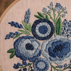 Blue Flowers Embroidery Pattern + Video Tutorial, Flower Embroidery Pdf ...