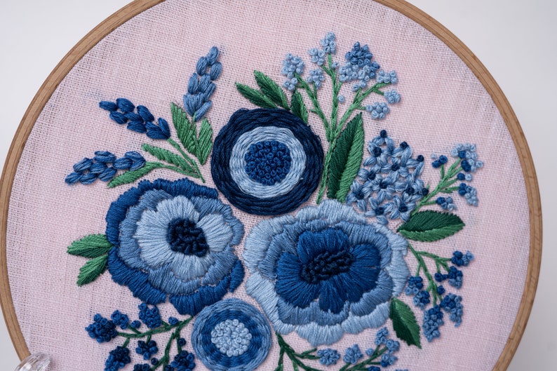 Blue Flowers Embroidery Pattern Video Tutorial Flower - Etsy
