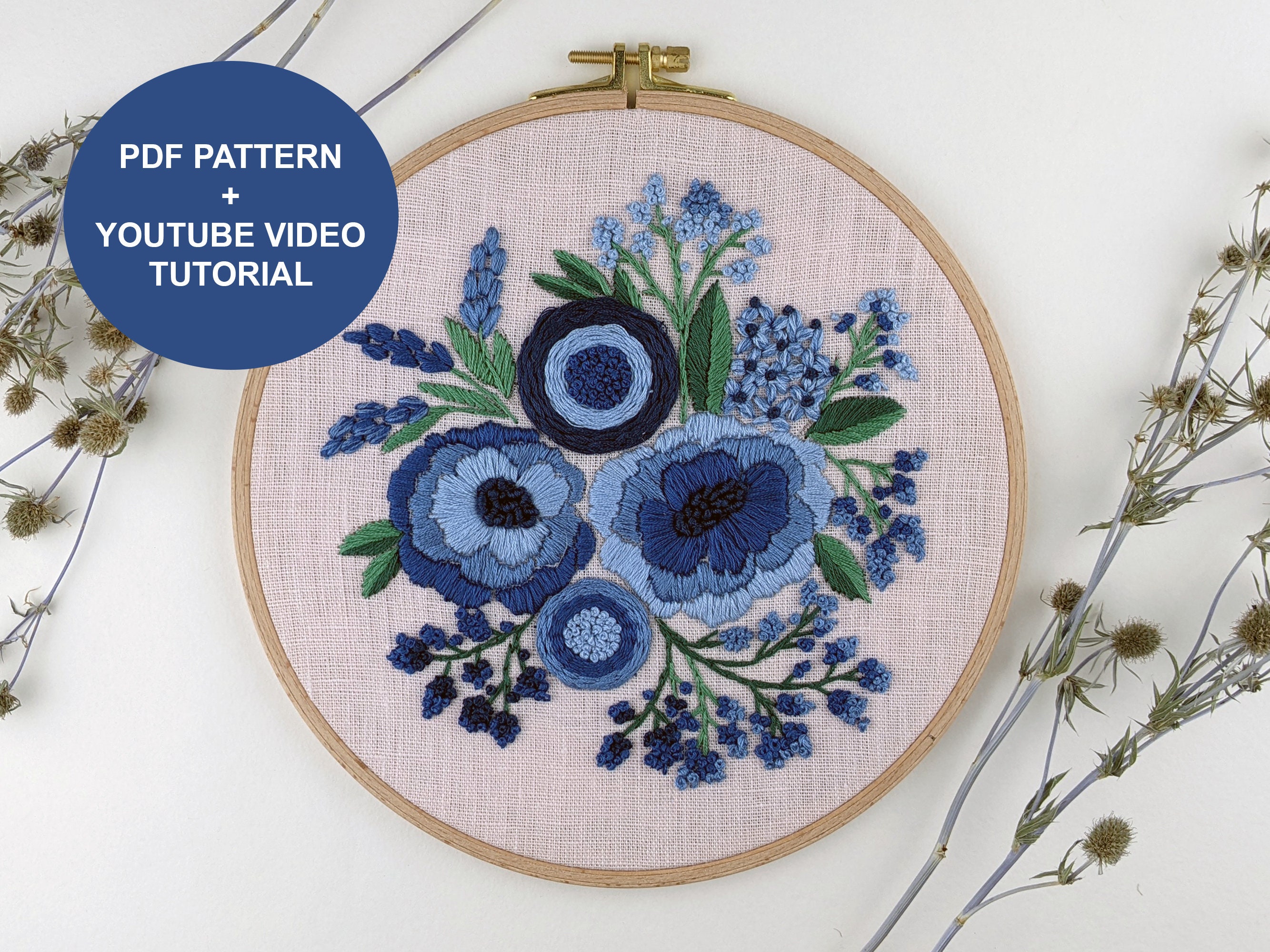 Blue Flowers Embroidery Pattern Video Tutorial Flower - Etsy