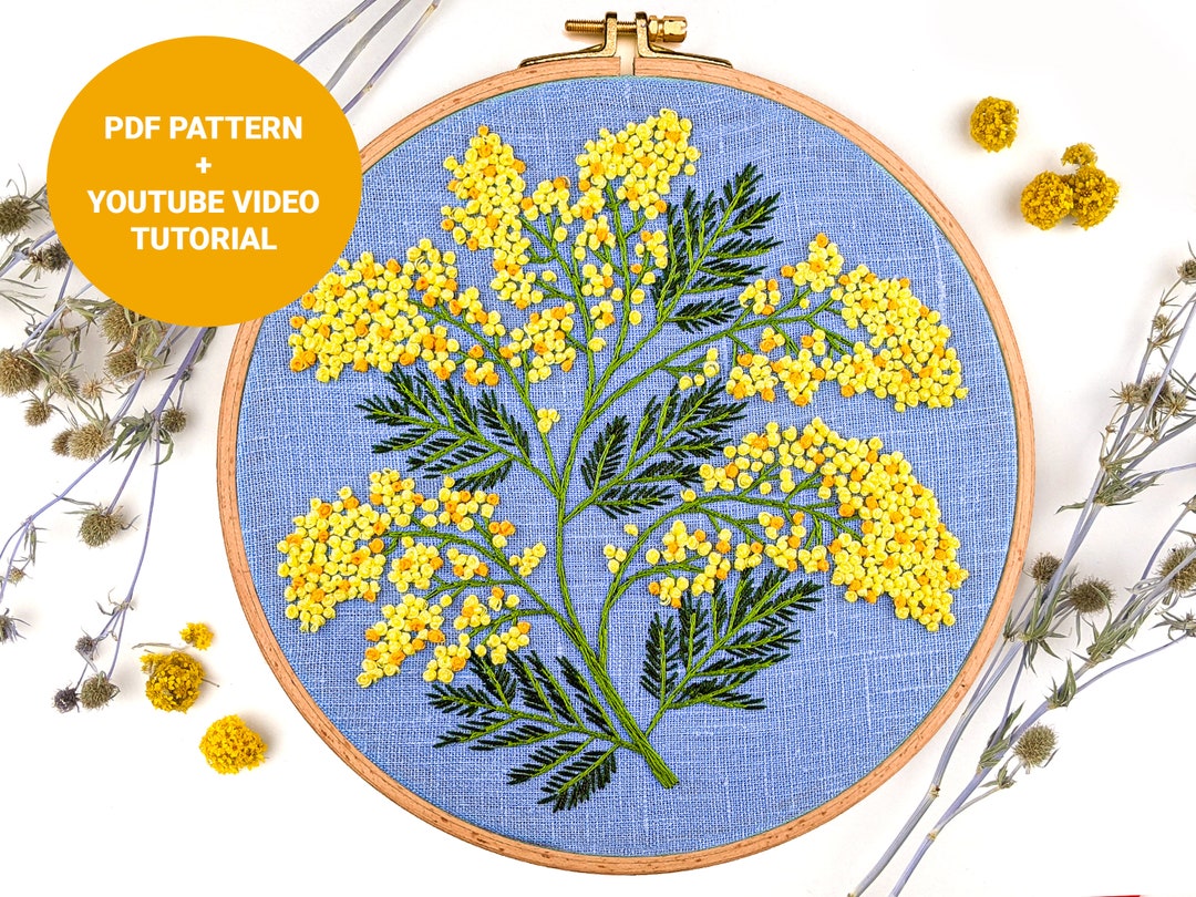 Mimosa Embroidery PDF Pattern + Video Tutorial, Bright Yellow Mimosa ...