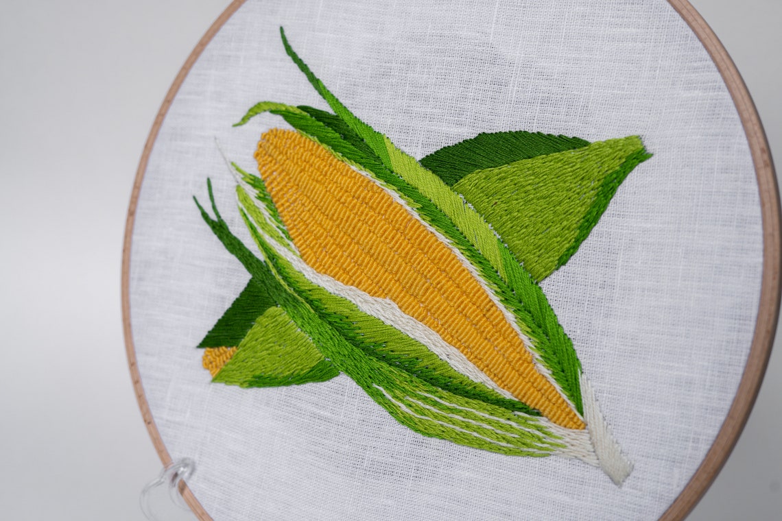 Corn Embroidery Pattern Video Tutorial Vegetable Embroidery | Etsy