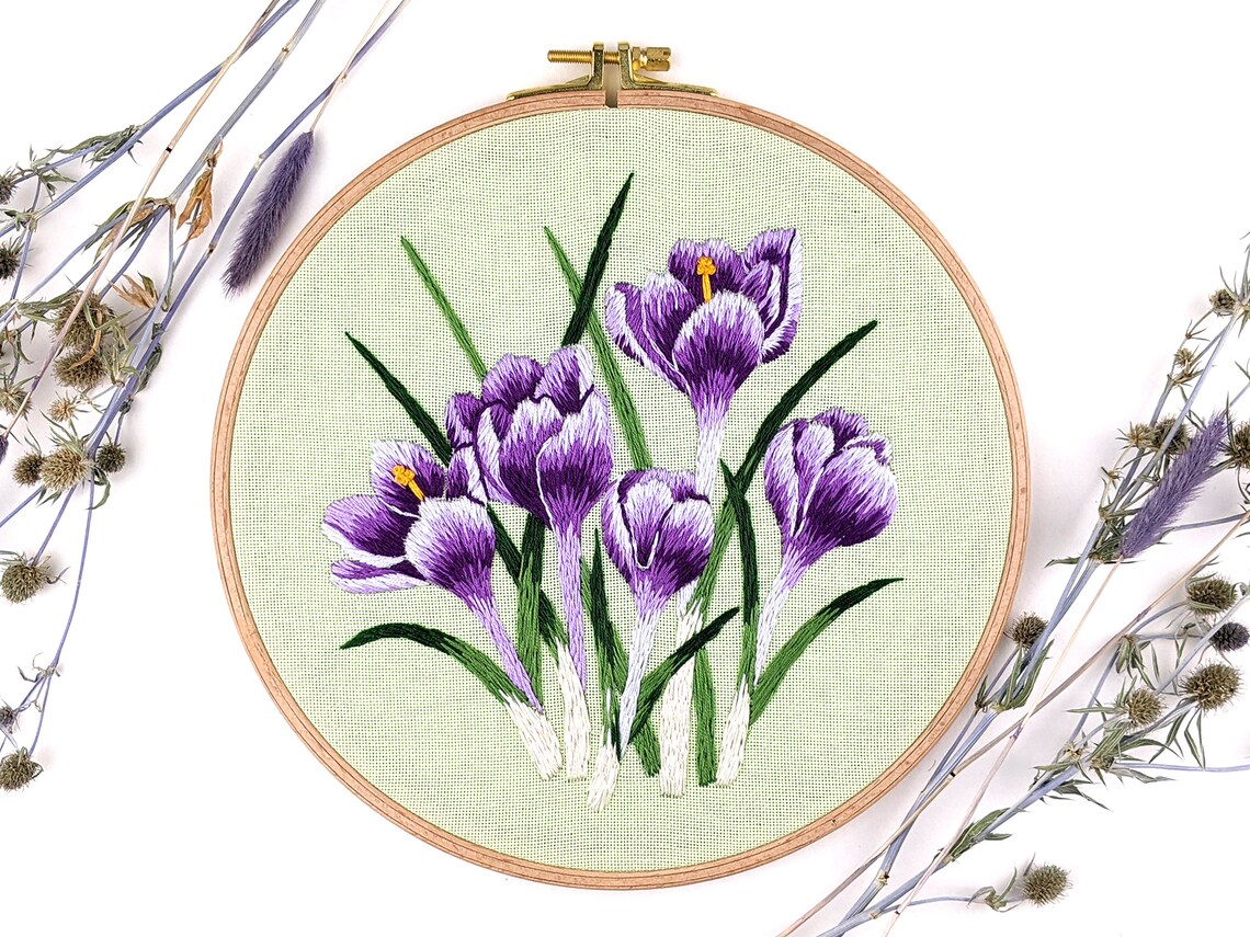 Violet Crocus Embroidery Pattern Video Tutorial Flower - Etsy