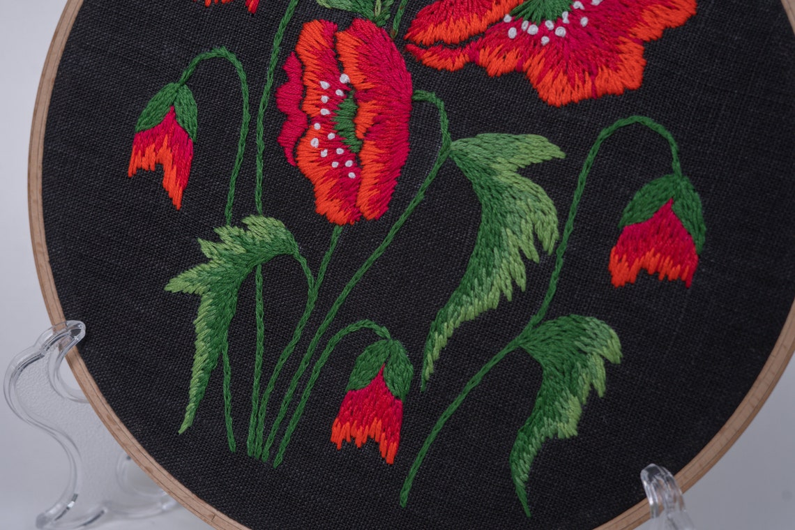 Red Poppy Embroidery Pattern Video Tutorial Flower - Etsy