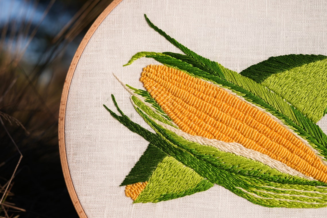 Corn Embroidery Pattern Video Tutorial Vegetable Embroidery | Etsy