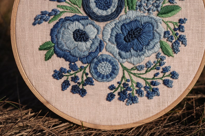 Blue Flowers Embroidery Pattern Video Tutorial Flower - Etsy