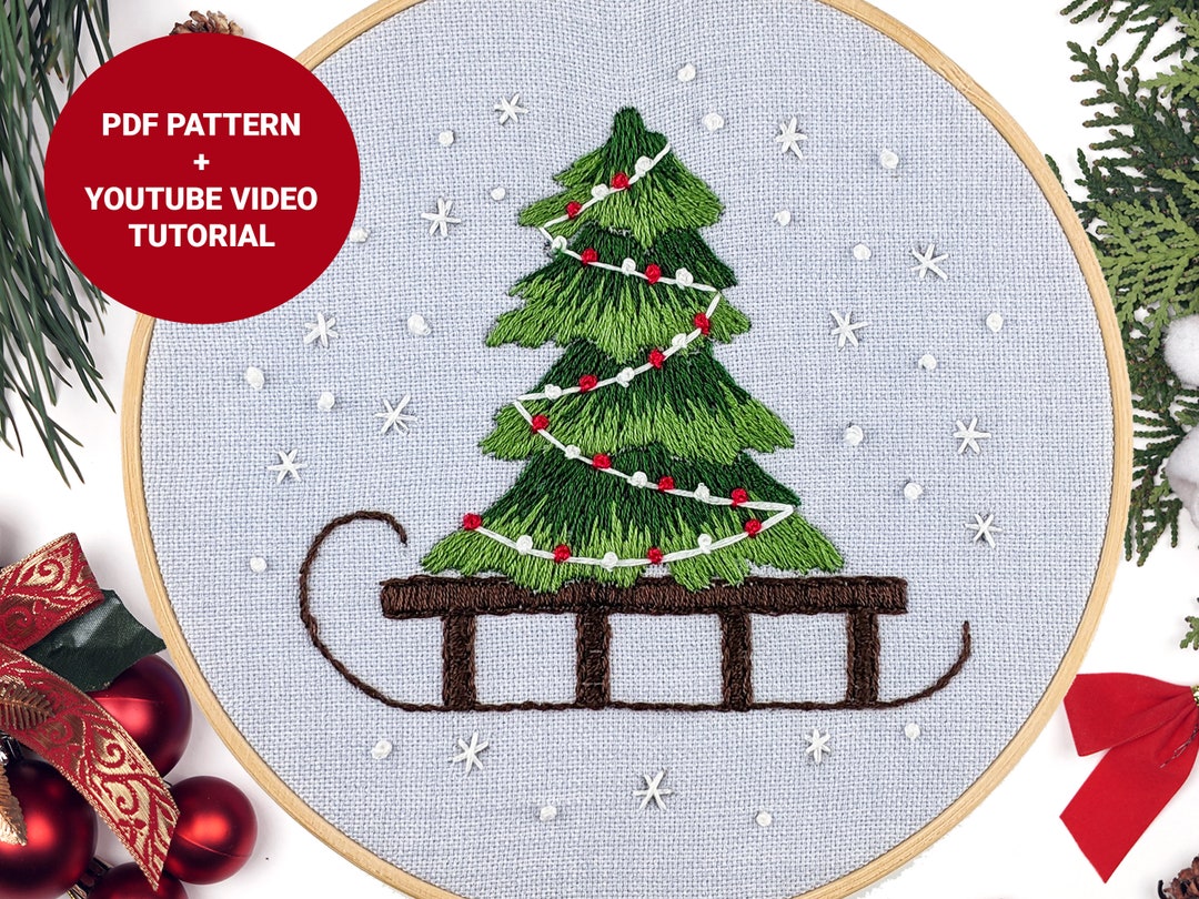 Christmas Tree Embroidery Pattern + Video Tutorial, Pine Tree on a Sled ...