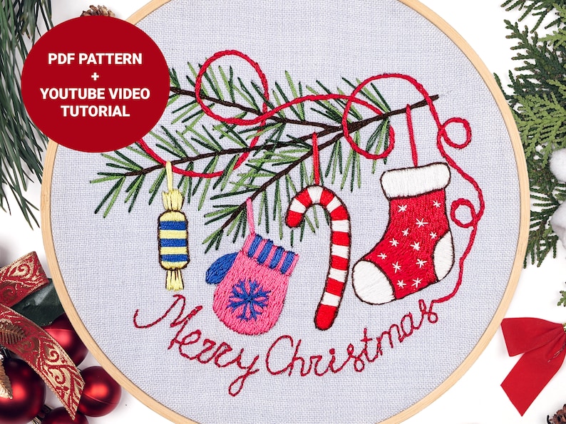 Christmas Tree Branch Embroidery Pattern Video Tutorial - Etsy
