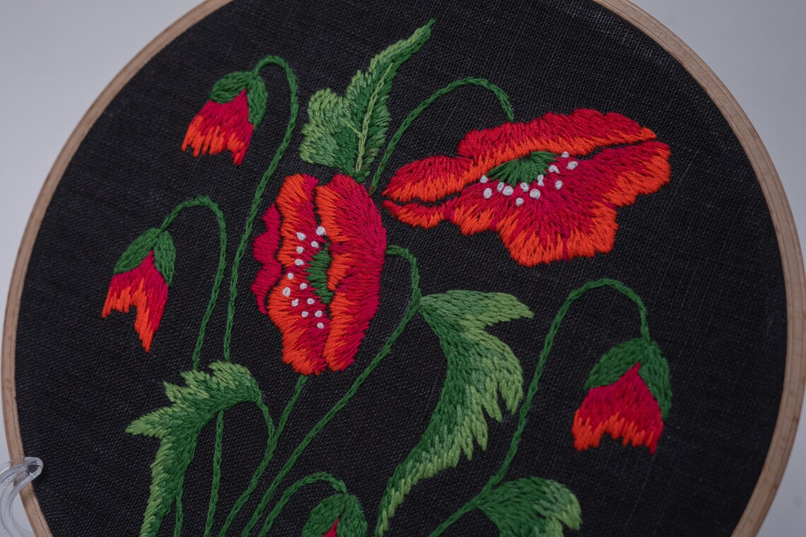 Red Poppy Embroidery Pattern Video Tutorial Flower - Etsy