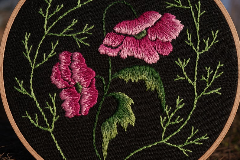 Pink Poppies Embroidery Pattern Video Tutorial Floral | Etsy