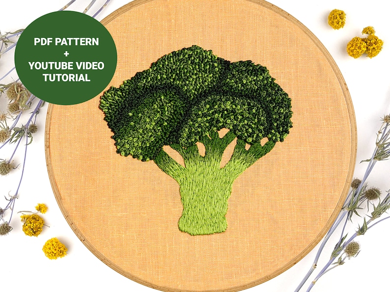 Broccoli Embroidery Pattern + Video Tutorial, Vegetable Embroidery Pdf ...