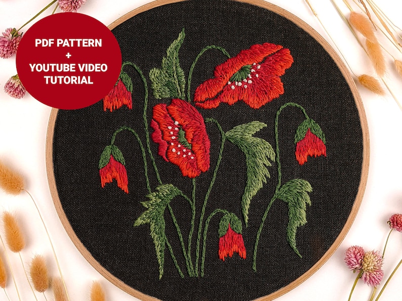 Red Poppy Embroidery Pattern Video Tutorial Flower - Etsy