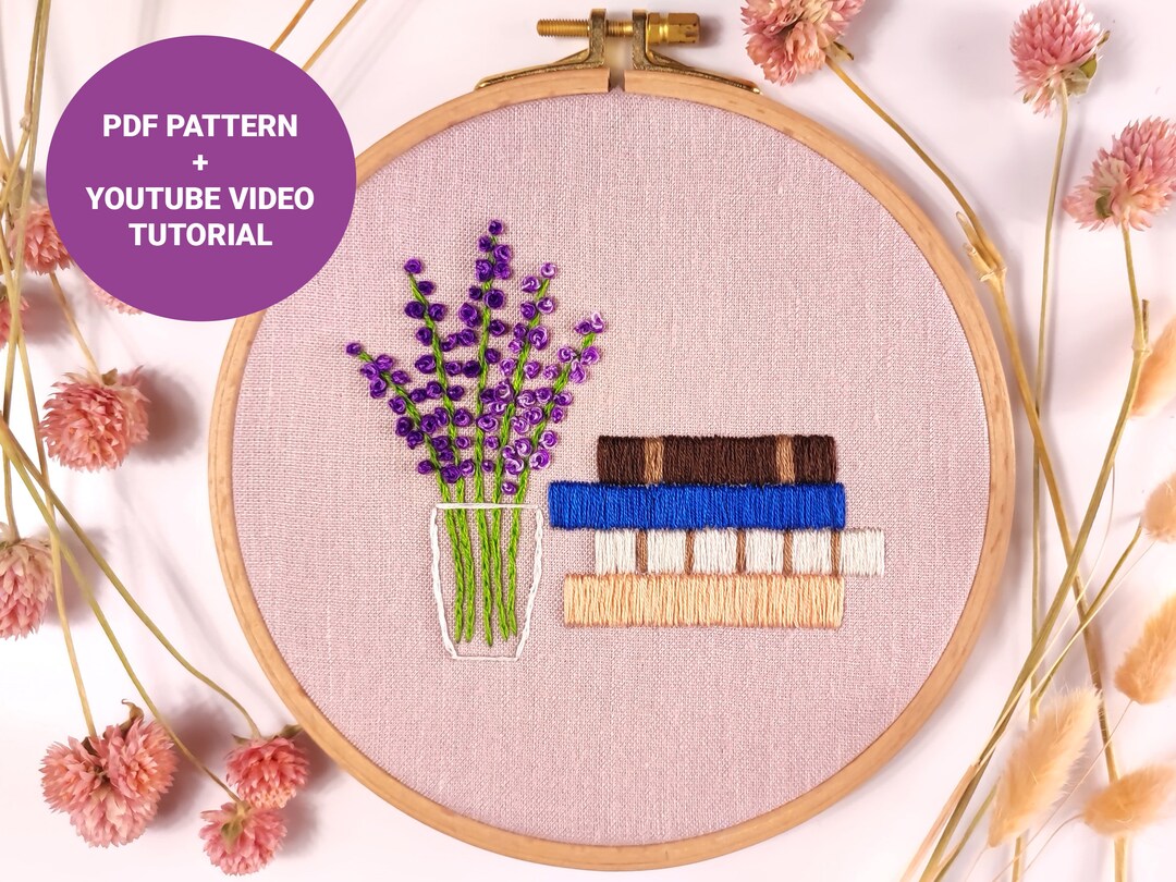 Spring Lavender Bouquet and Books Embroidery Pattern + Video Tutorial ...