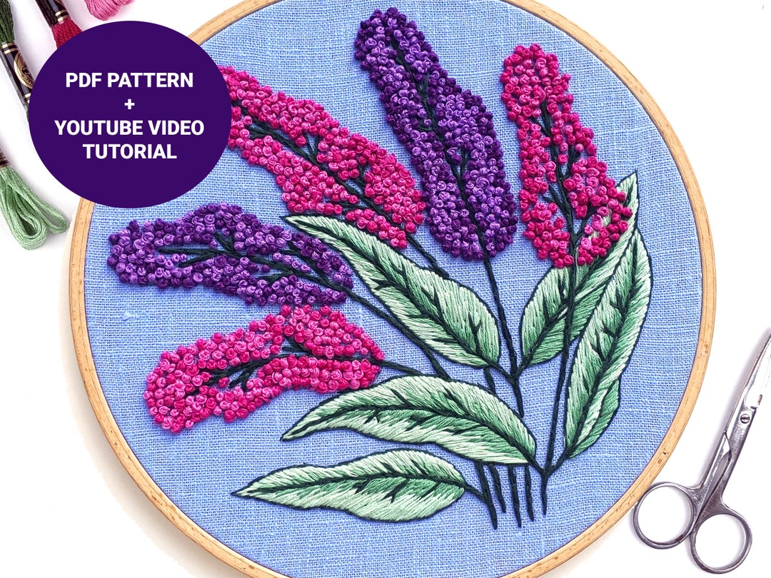 Lilac Bouquet Embroidery Pattern + Video Tutorial, Floral Embroidery ...