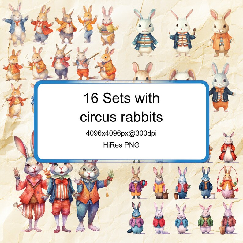 16 Circus Rabbit Clipart Sets Invitations Cardcraft - Etsy