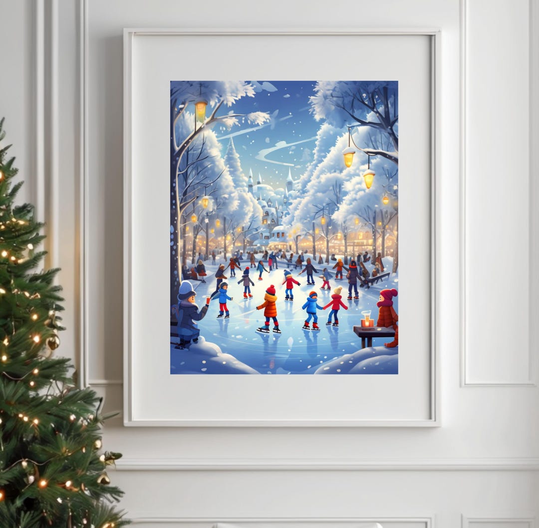 Winter Night Ice Skating | Whimsical Snowy Village Digital Art | Family ...