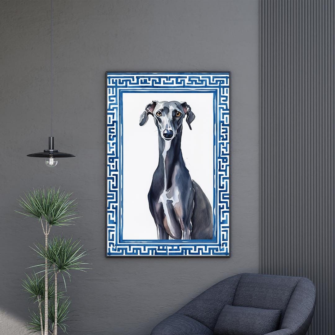Pet Portrait Italian Greyhound Wall Art | Blue Greek Key Dog Print ...