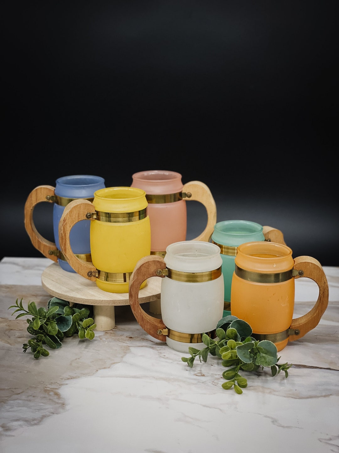 Siesta Ware Pastel Frosted Mugs, Wooden Handle Retro Mugs, Set of 6 ...