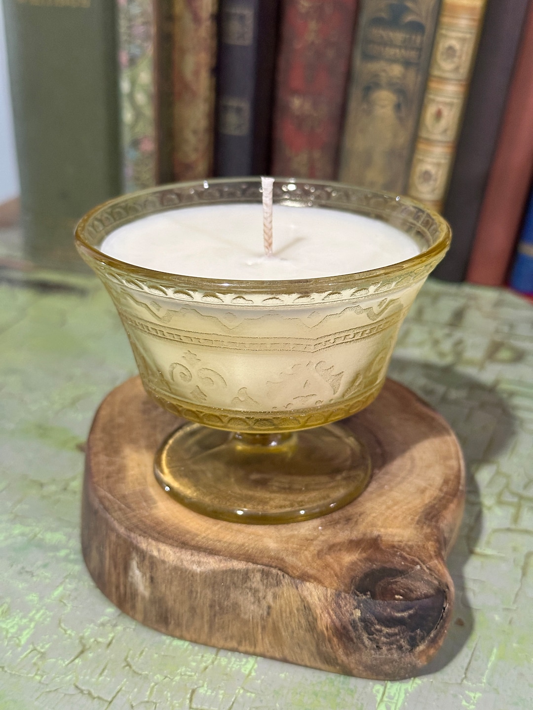 Soy Wax Candle in Federal Glass Co. Patrician Spoke Amber Depression ...