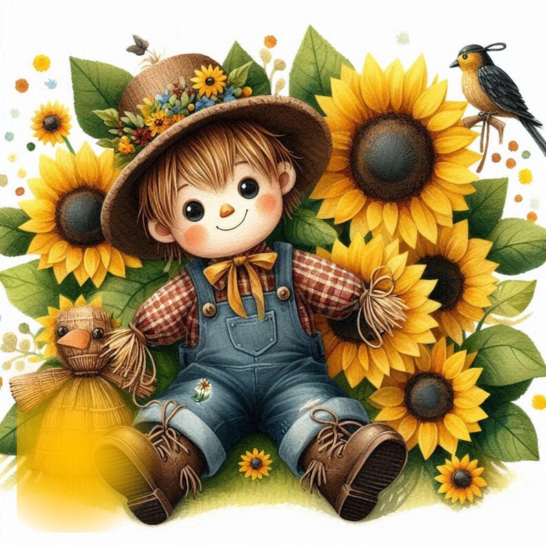 Adorable Little Scarecrows, Sunflowers, Perfect for Nursery or Kid's ...