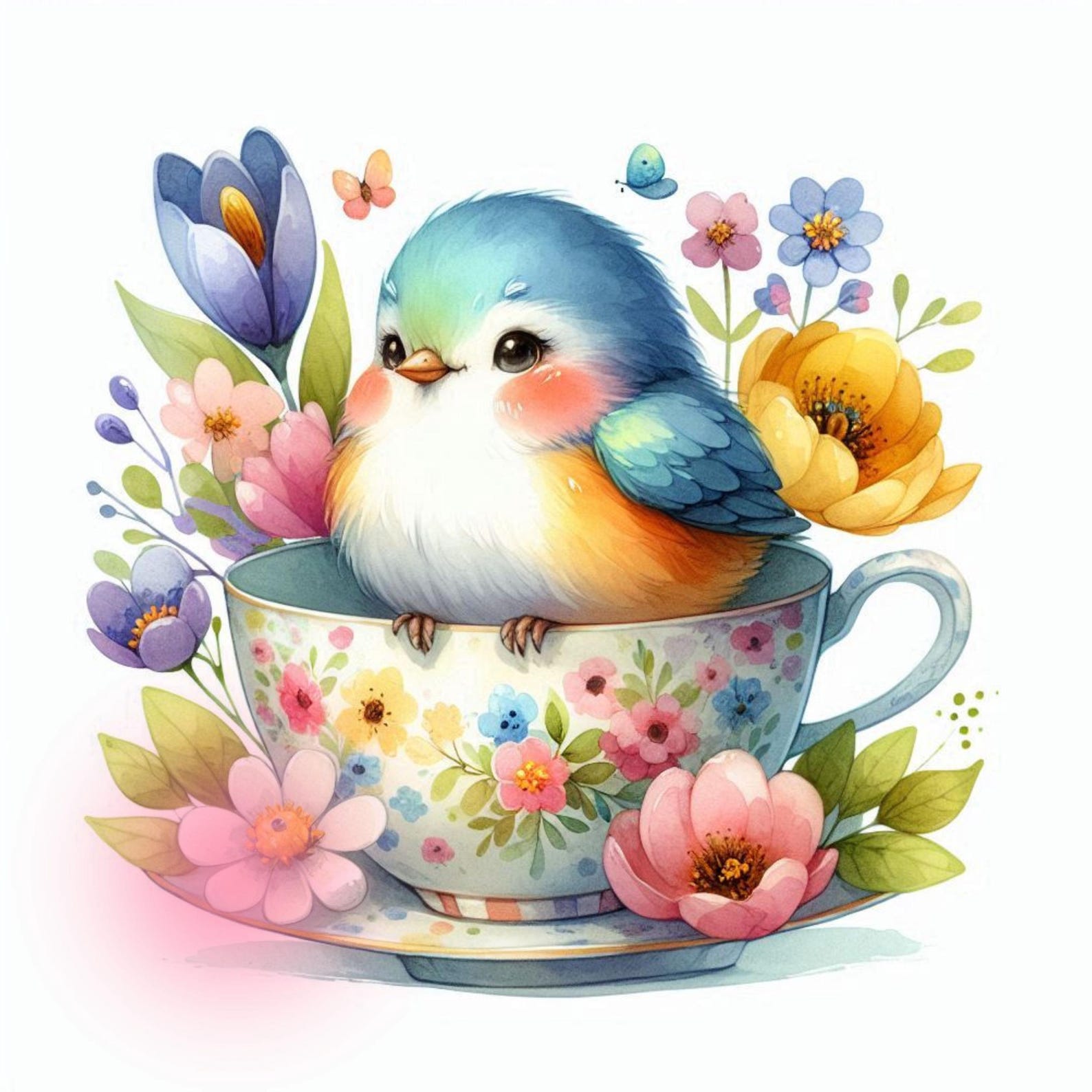 20 Adorable Bird in Teacup With Flowers, Perfect for Nursery or Kid's ...