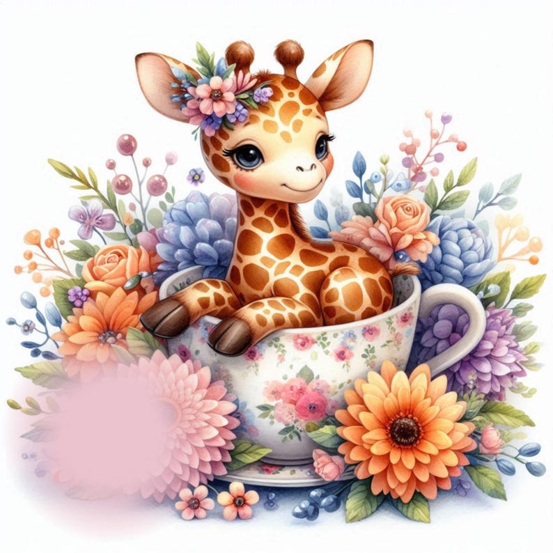 Adorable Giraffe in a Teacup Clipart, Use for Cards, Wall Art, Apparel ...